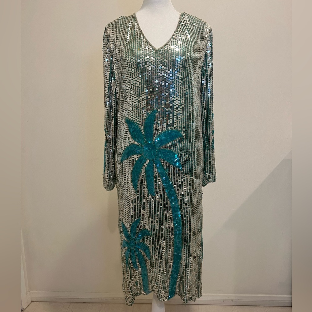 Vintage | Sequin Silk Art Deco Palm Tree Miami Tropic… - Gem